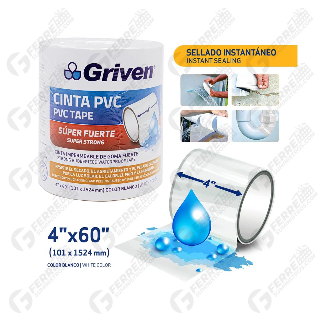 Cinta Adhesiva Multiusos PVC Impermeable 4″ x 1.50m Blanca GRIVEN ...